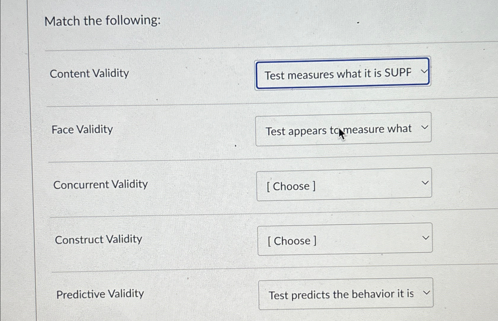 Solved Match the following:Content ValidityFace | Chegg.com