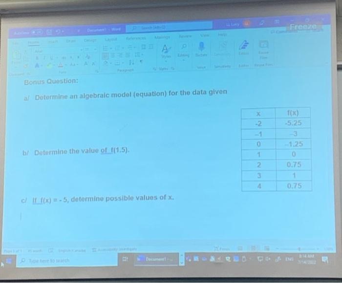 Solved ai Dotermine an algebraic model (equation) for the | Chegg.com