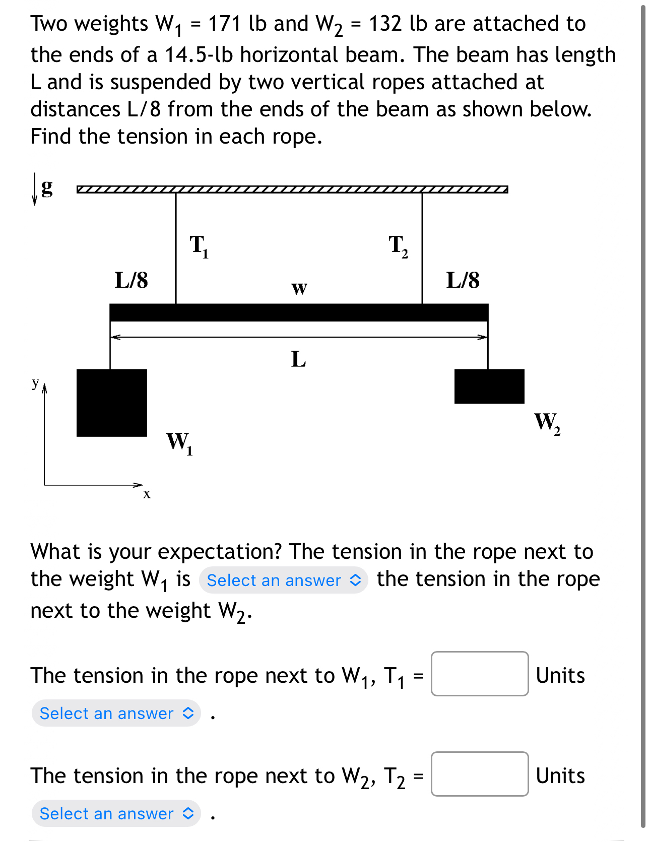 Solved Two weights W1=171lb ﻿and W2=132lb ﻿are attached to | Chegg.com