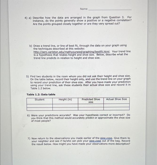 Solved Supplemental Data for Lab 1 Name Height Shoe Size | Chegg.com