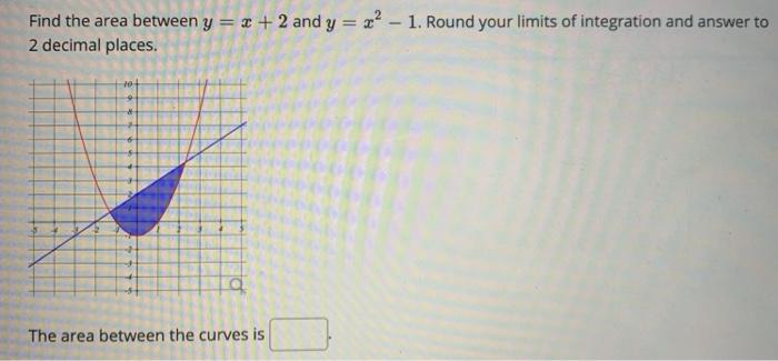 Solved Find the area between y = x + 2 and y = x2 – 1. Round | Chegg.com