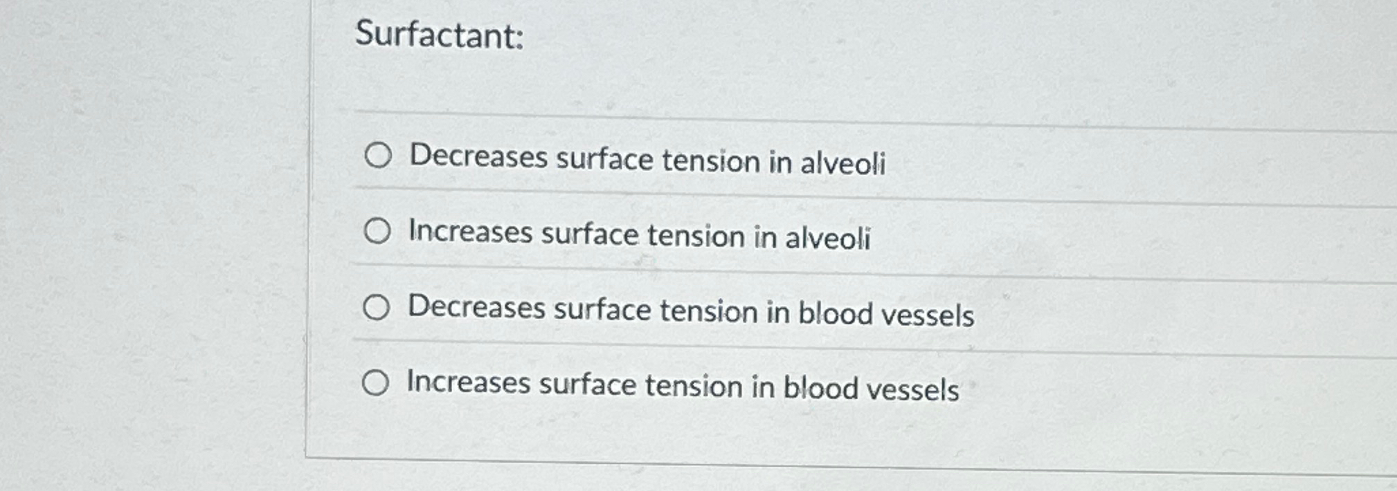 Solved Surfactant:Decreases surface tension in | Chegg.com
