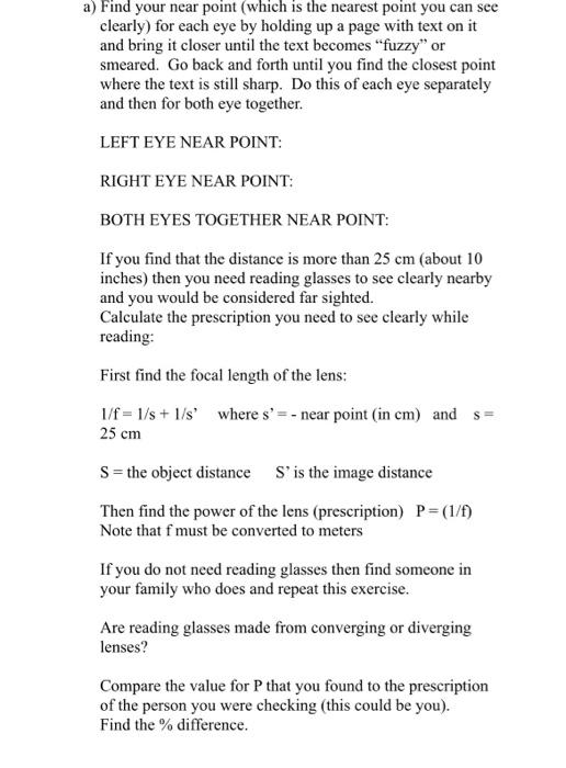 Solved a) Find your near point (which is the nearest point | Chegg.com