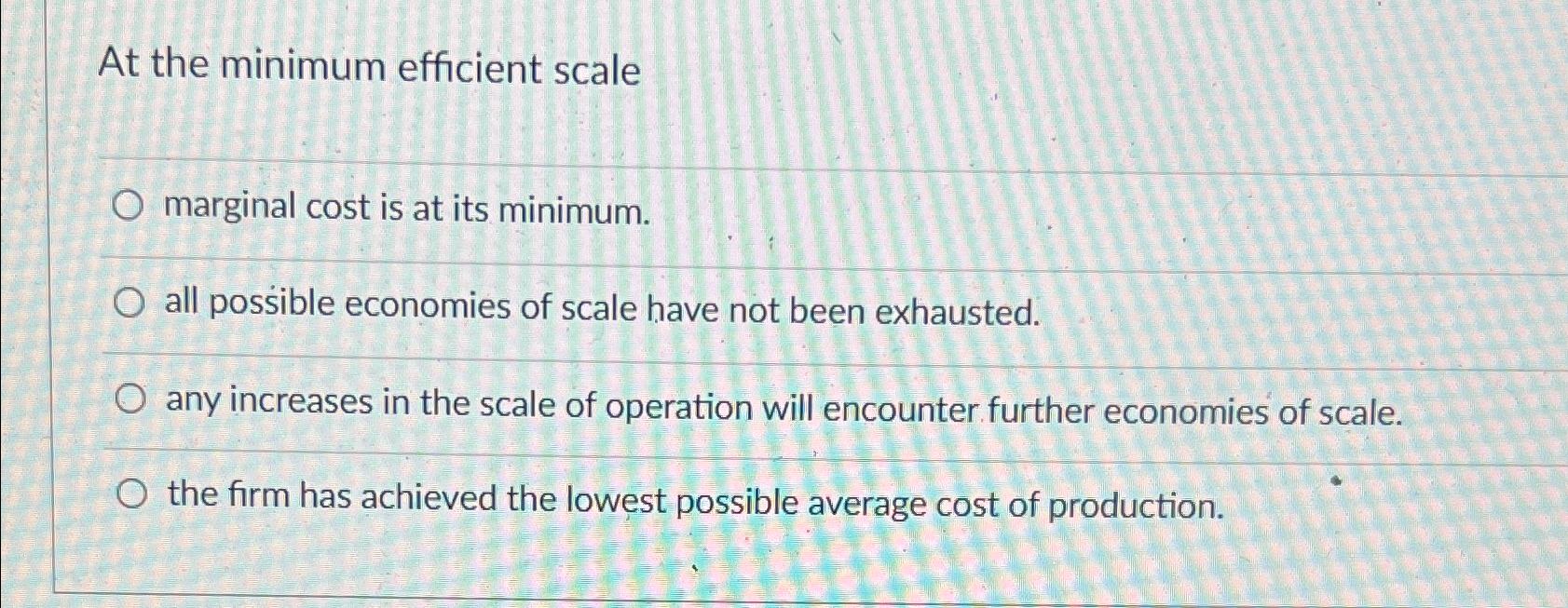Solved At the minimum efficient scalemarginal cost is at its | Chegg.com