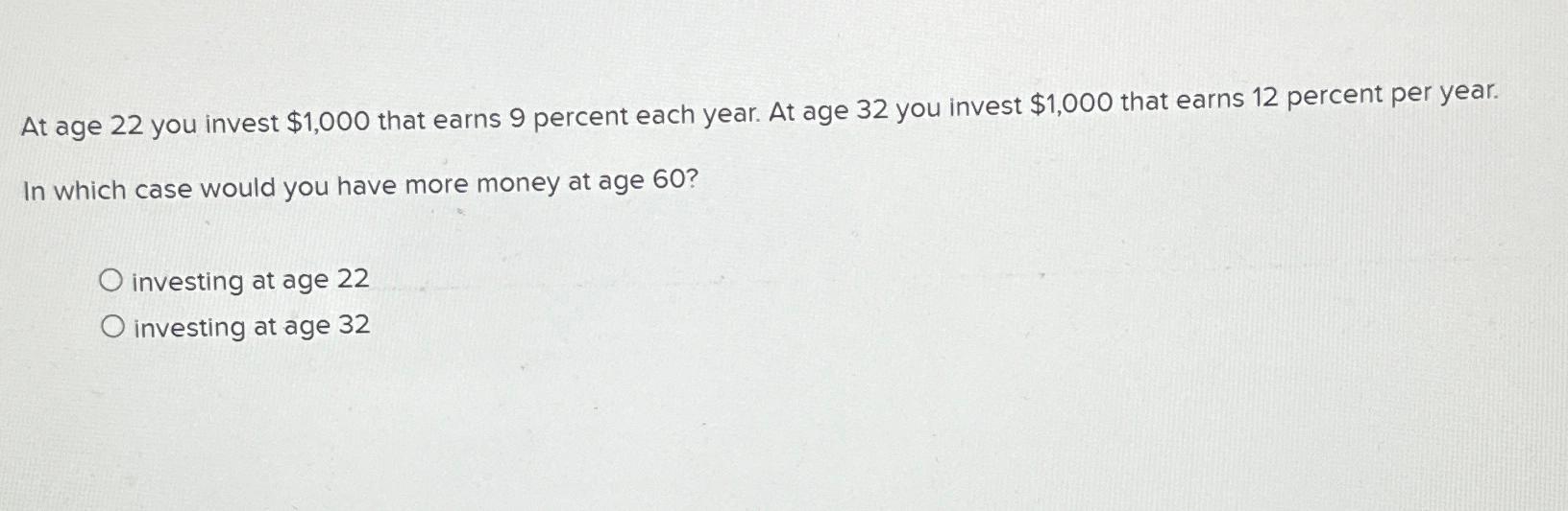 At age 22 ﻿you invest $1,000 ﻿that earns 9 ﻿percent | Chegg.com