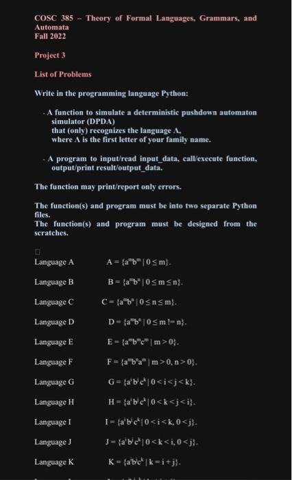 Solved COSC 385 - Theory of Formal Languages, Grammars, and | Chegg.com