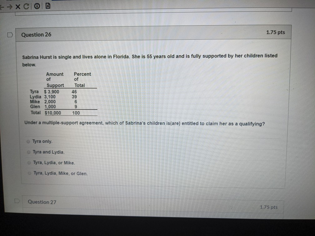 Solved + XC Question 26 1.75 pts Sabrina Hurst is single and | Chegg.com