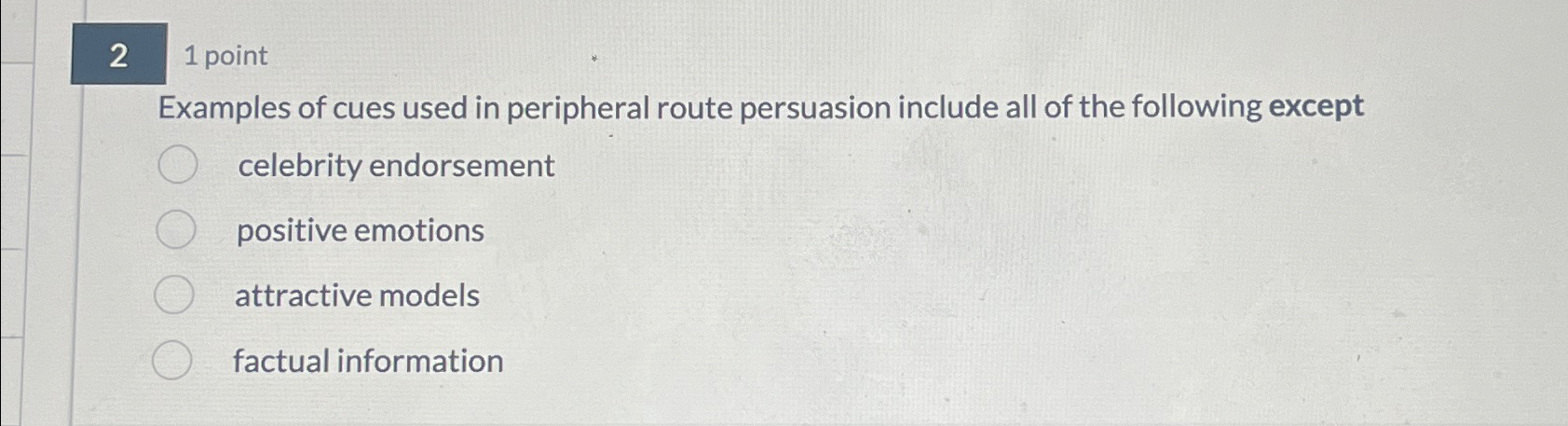 Solved 2 1 ﻿pointExamples of cues used in peripheral route | Chegg.com
