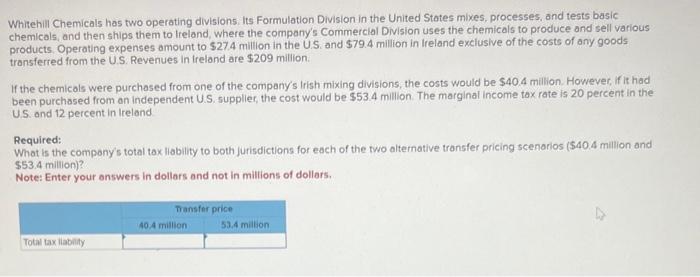 Solved Whitehill Chemicals has two operating divisions. Its | Chegg.com