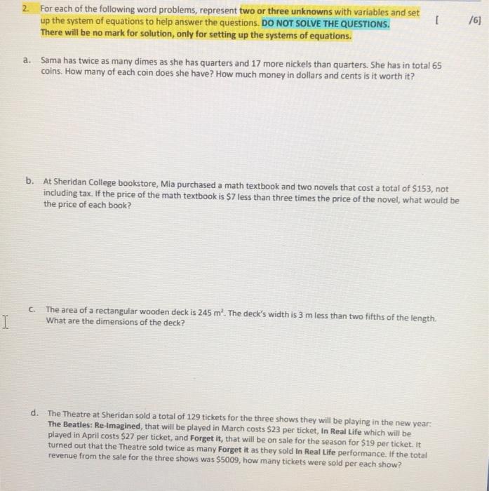 Solved 2. For each of the following word problems, represent | Chegg.com