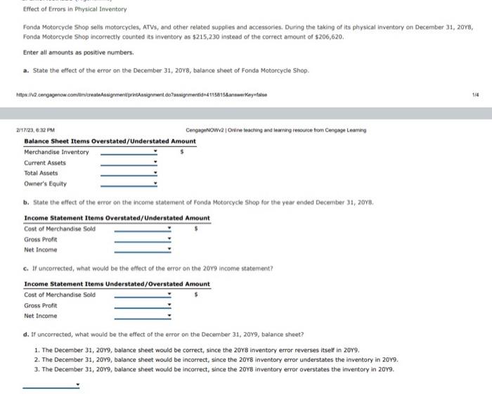 Solved Effect of Errors in Physical Inventory Fonda | Chegg.com
