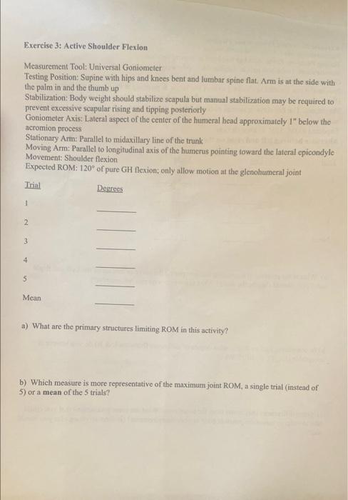 Exercise 3: Active Shoulder Flexion Measurement Tool: | Chegg.com
