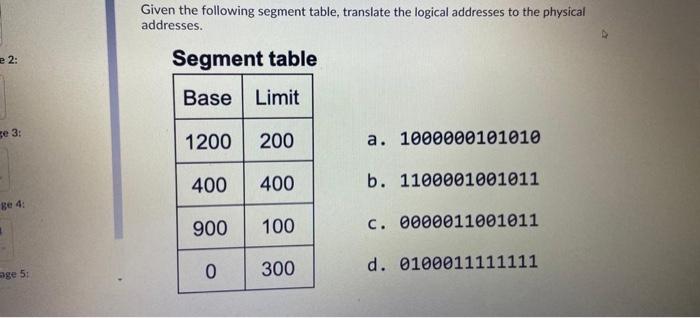 Solved Given the following segment table, translate the | Chegg.com