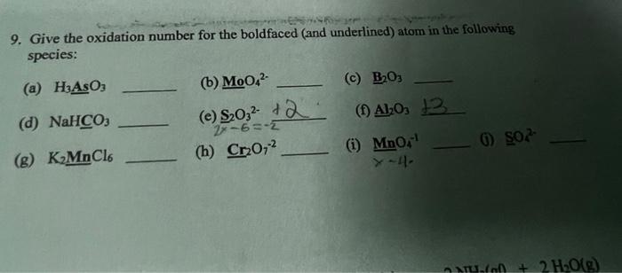 Solved 9. Give the oxidation number for the boldfaced (and | Chegg.com