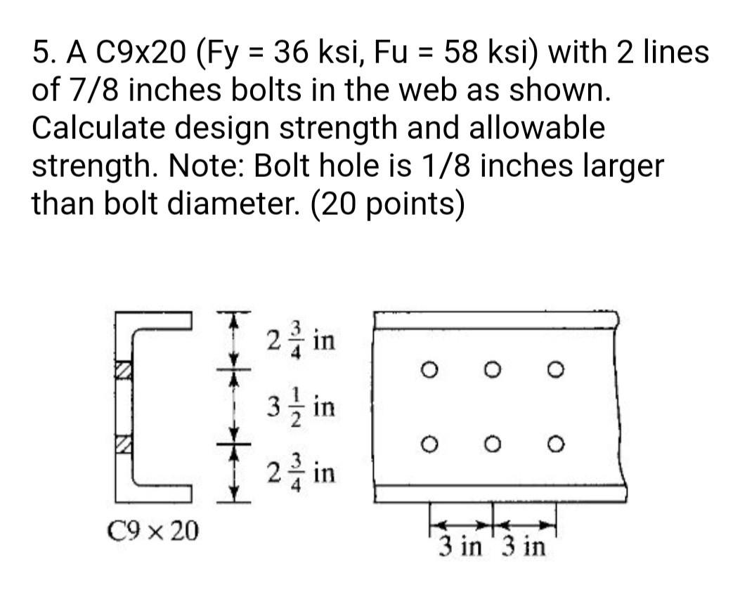 Solved 5. A C9x20 (Fy = 36 ksi, Fu = 58 ksi) with 2 lines of | Chegg.com