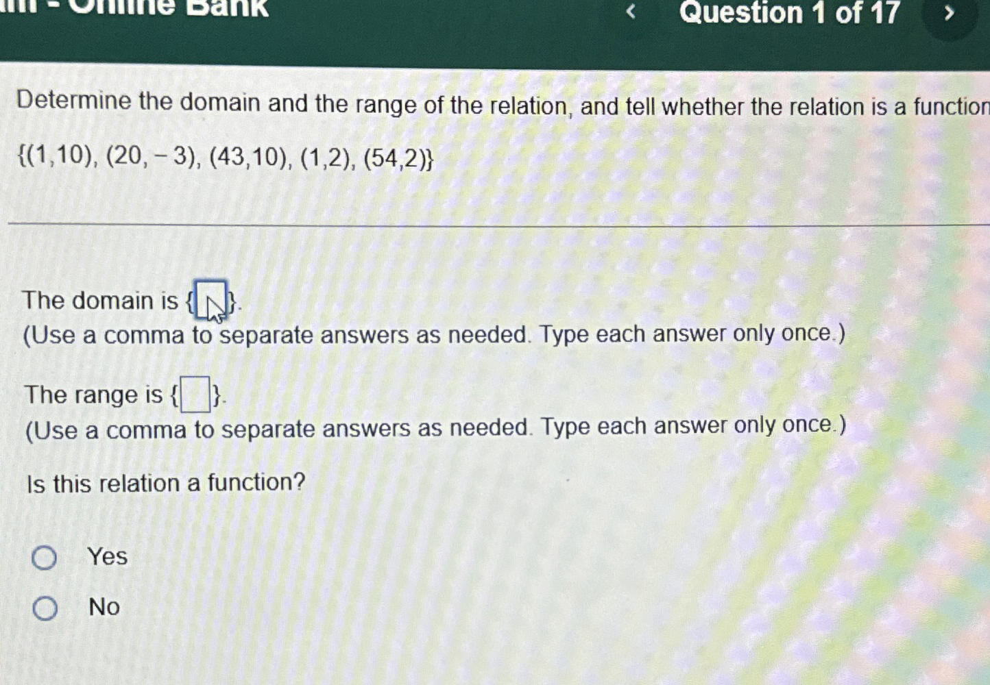 Solved Question 1 ﻿of 17Determine the domain and the range | Chegg.com