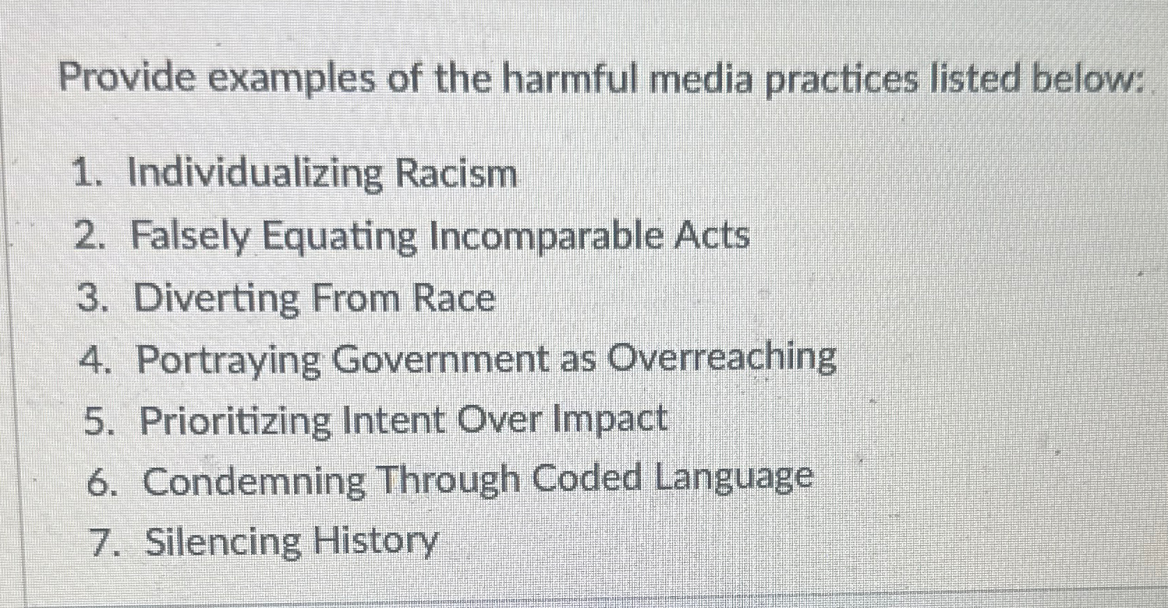 Solved Provide examples of the harmful media practices | Chegg.com