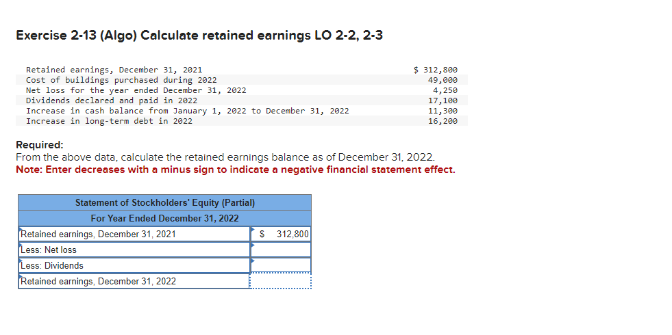 Solved Exercise 2-13 (Algo) ﻿Calculate retained earnings LO | Chegg.com