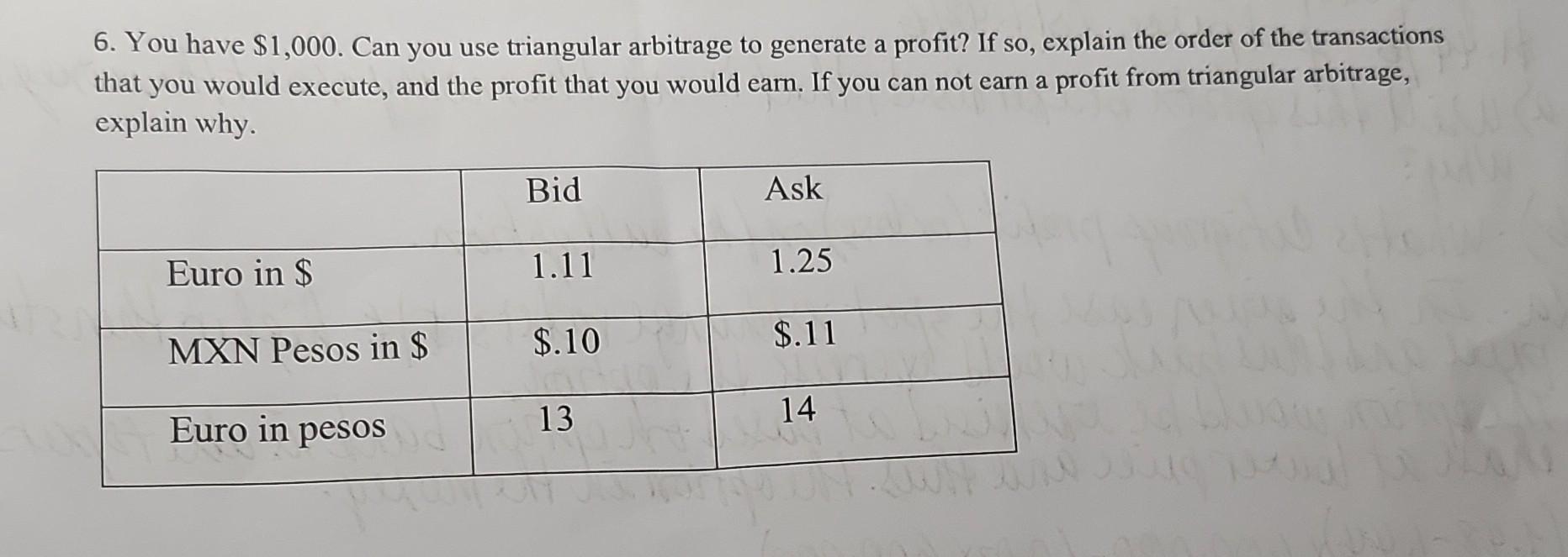 Solved 6. You have $1,000. Can you use triangular arbitrage | Chegg.com