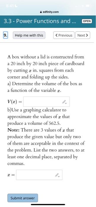 Solved edfinity.com 3.3 - Power Functions and ... OPEN 9. | Chegg.com