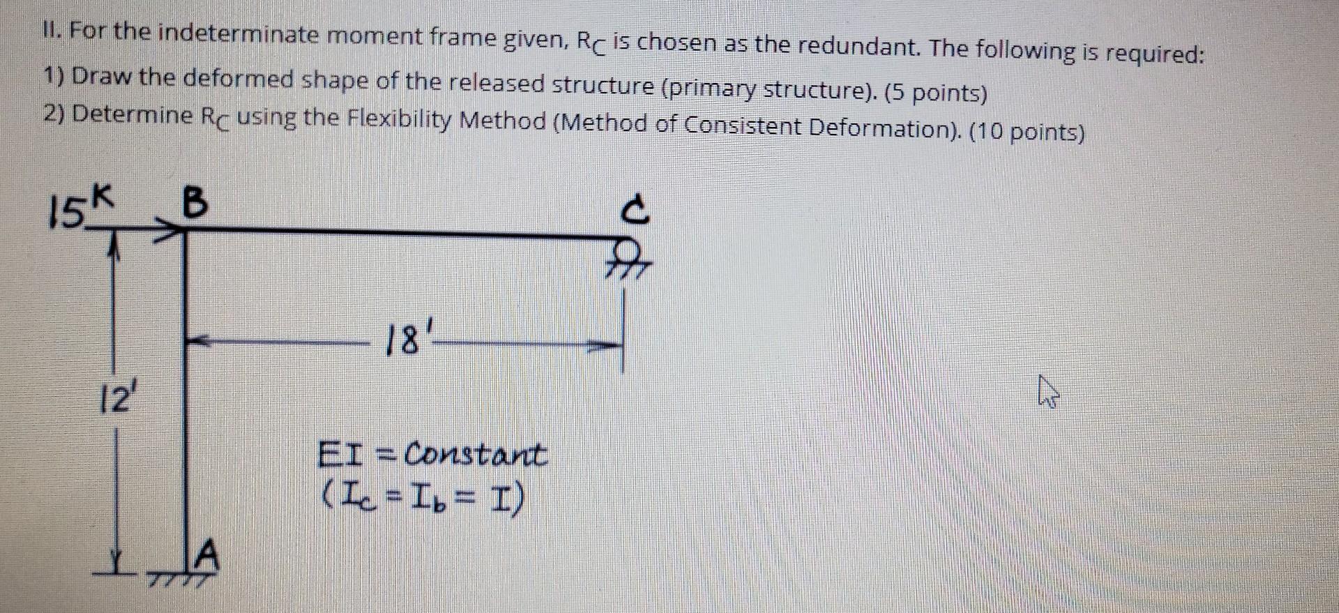 Solved II. For the indeterminate moment frame given, Rc is | Chegg.com