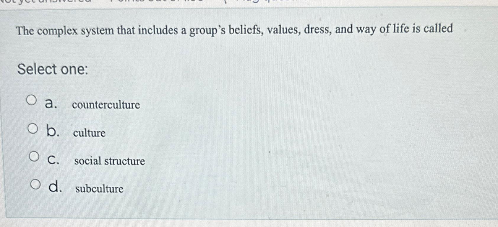 Solved The complex system that includes a group's beliefs, | Chegg.com