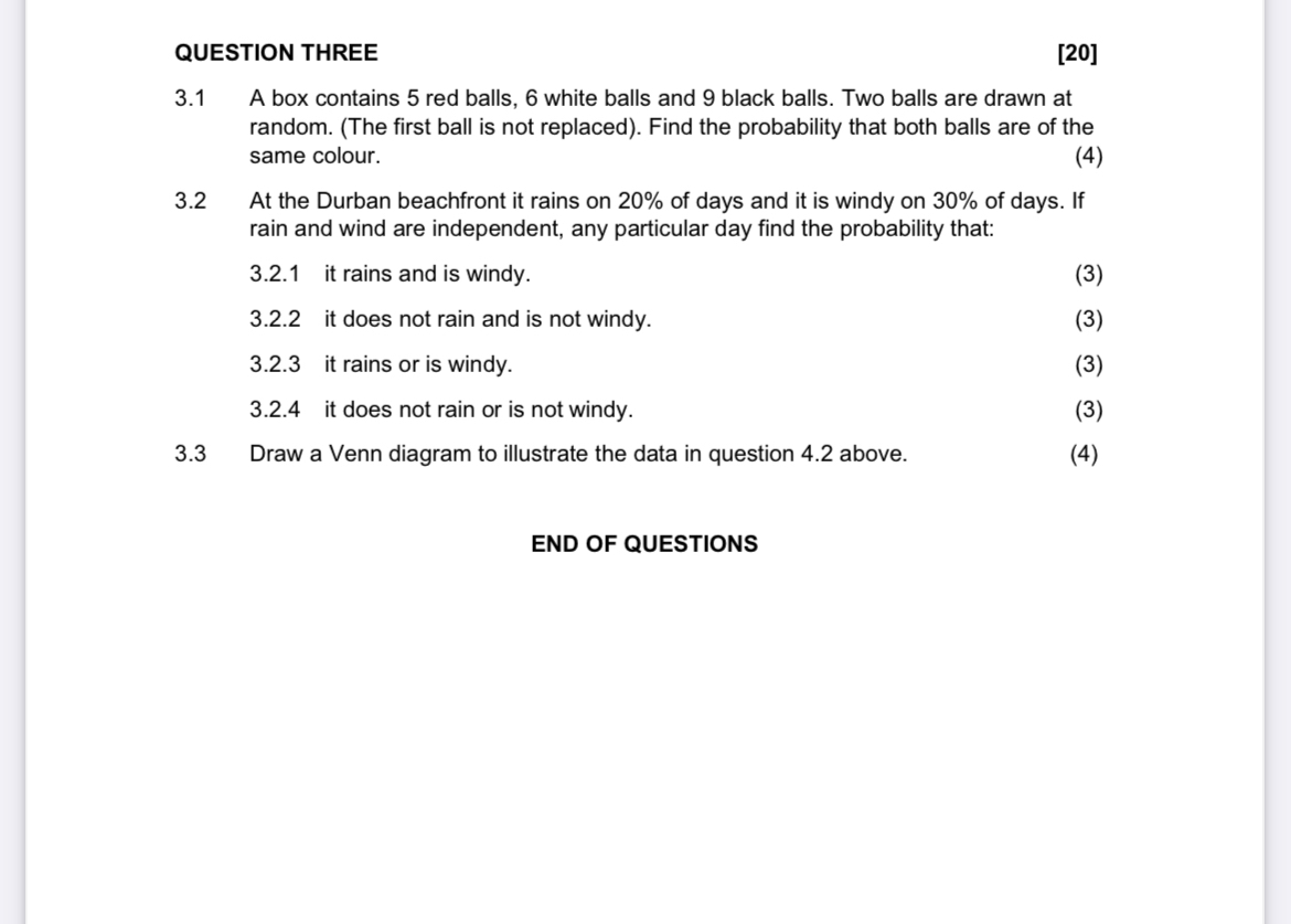 Solved QUESTION THREE[20]3.1 ﻿A box contains 5 ﻿red balls, 6 | Chegg.com