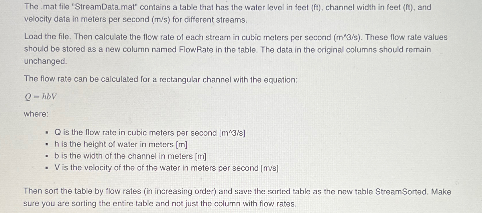 Solved The .mat file "StreamData.mat" contains a table that | Chegg.com