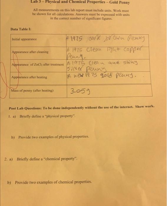 Solved Lab 3 Physical And Chemical Properties Gold Penny 