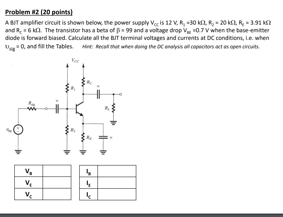 Solved Problem #2 (20 ﻿points) ﻿A BJT amplifier circuit is | Chegg.com