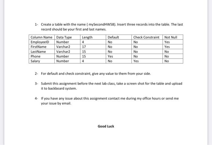 Solved 1- Create a table with the name ( mySecondHW58). | Chegg.com