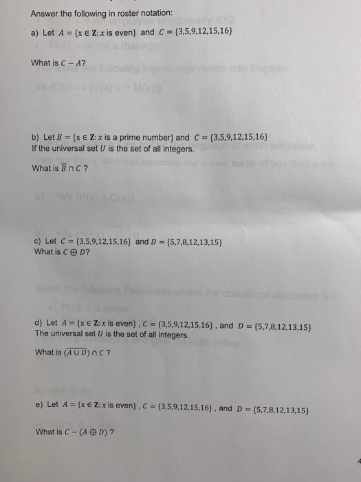 Solved Answer the following in roster notation: ar a) Let A | Chegg.com