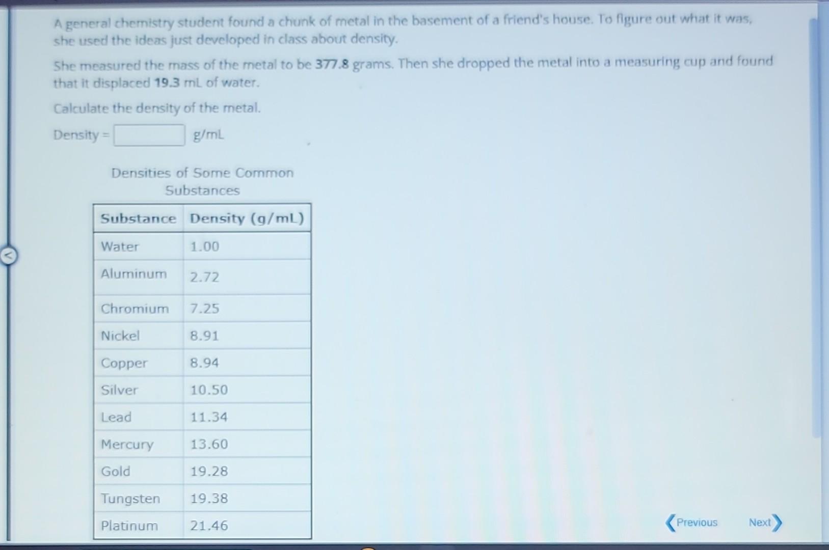 Solved A general chemistry student found a chunk of metal in | Chegg.com