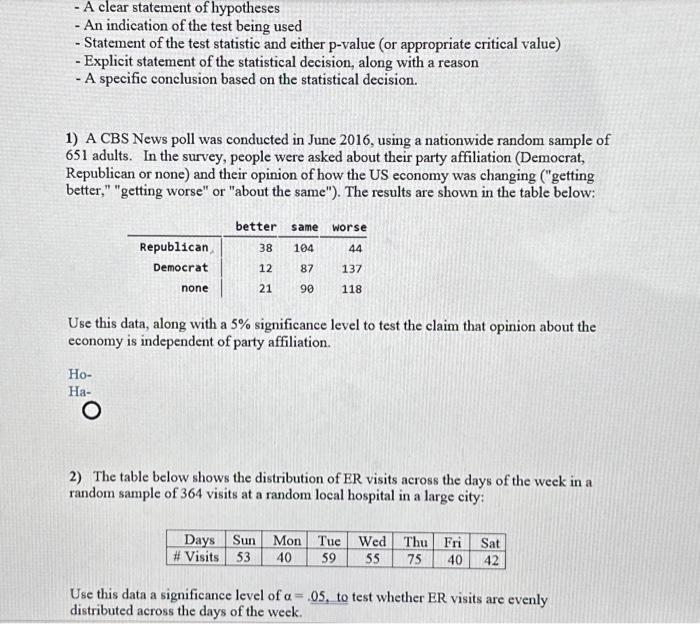 Solved - A clear statement of hypotheses - An indication of | Chegg.com