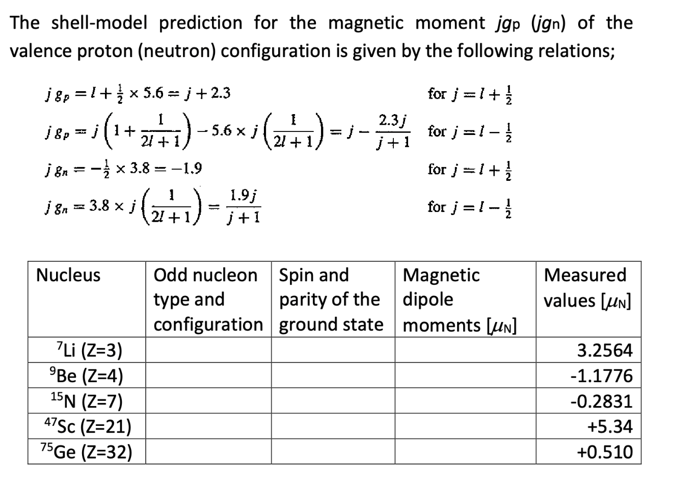 The shell-model prediction for the magnetic moment | Chegg.com