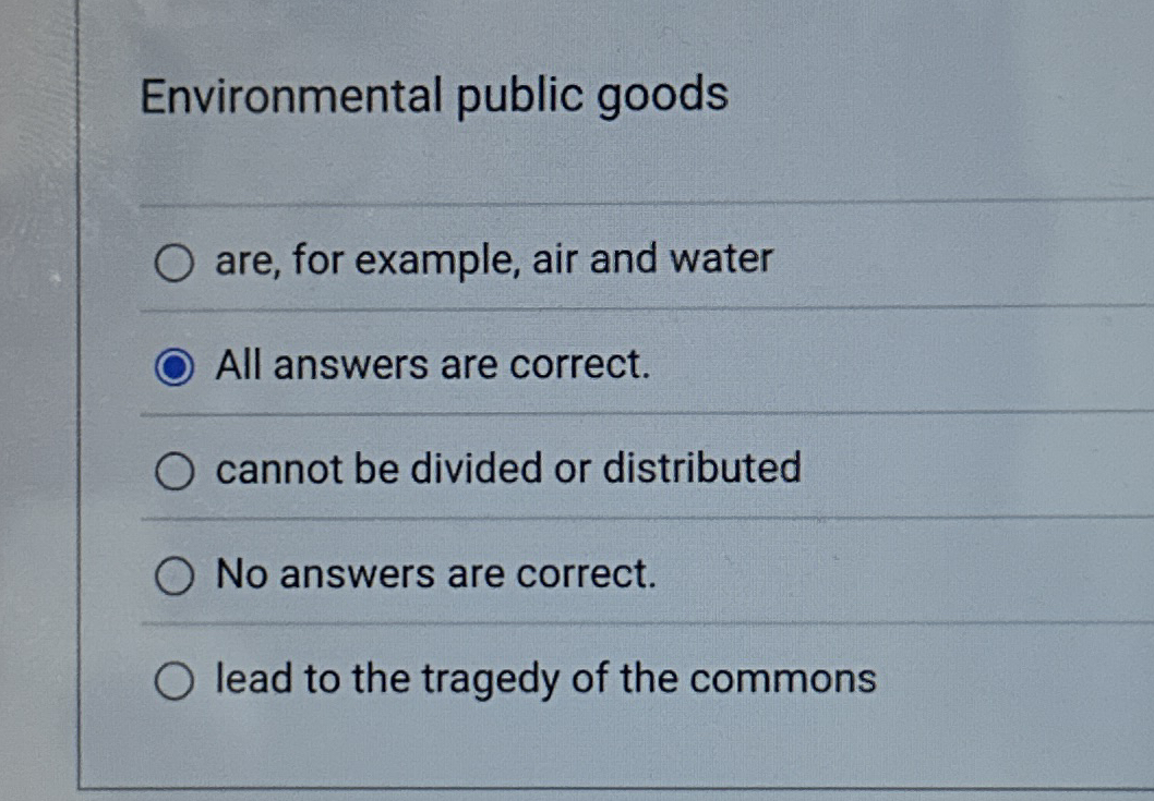 Solved Environmental public goodsare, for example, air and | Chegg.com