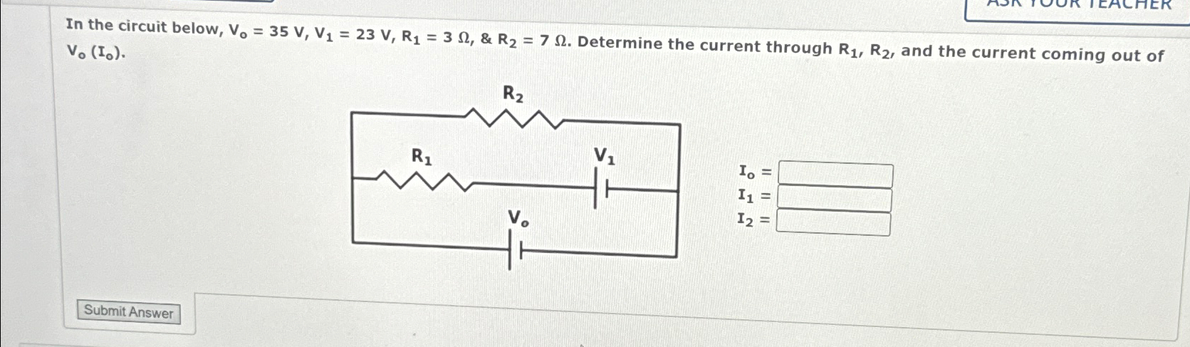 Solved In the circuit below, v0=35V,v1=23V,R1=3Ω,&R2=7Ω. | Chegg.com