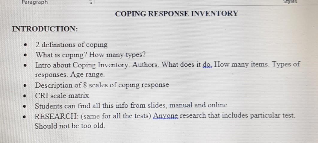 Solved Paragraph Styles COPING RESPONSE INVENTORY | Chegg.com