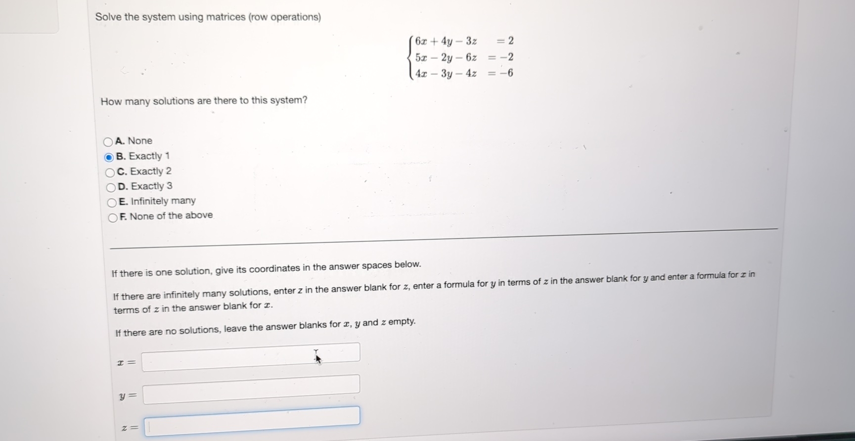 Solved Solve the system using matrices (row | Chegg.com