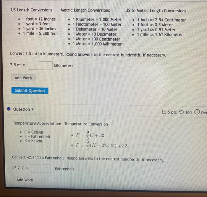 Solved US Length Conversions Metric Length Conversions US to | Chegg.com