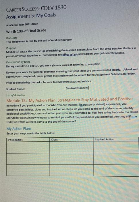 Solved CAREER SUCCESS- CDEV 1830 Assignment 5: My Goals | Chegg.com