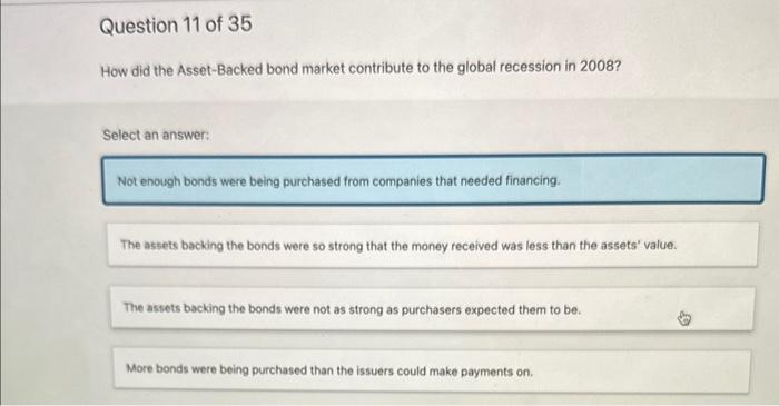 Solved Question 11 of 35 How did the Asset-Backed bond | Chegg.com