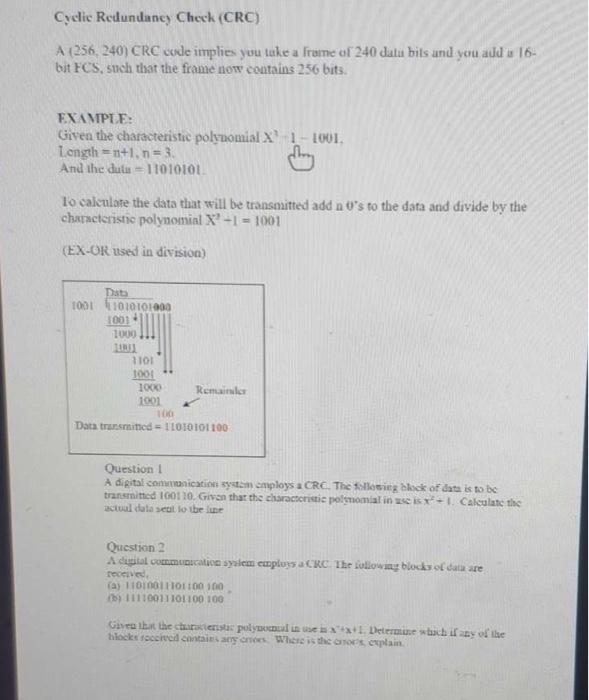 Solved Cyclic Redundancy Check (CRC) A (256,240) CRC code | Chegg.com
