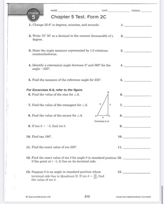 Solved PERIOD NAME DATE Chapter 5 Chapter 5 Test, Form 20 1. | Chegg.com