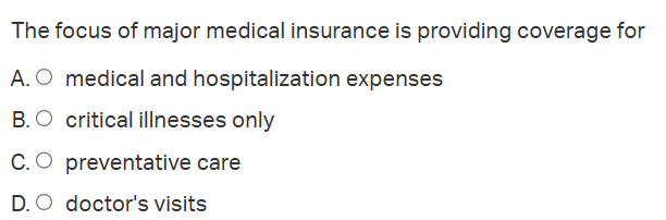 Solved The focus of major medical insurance is providing | Chegg.com