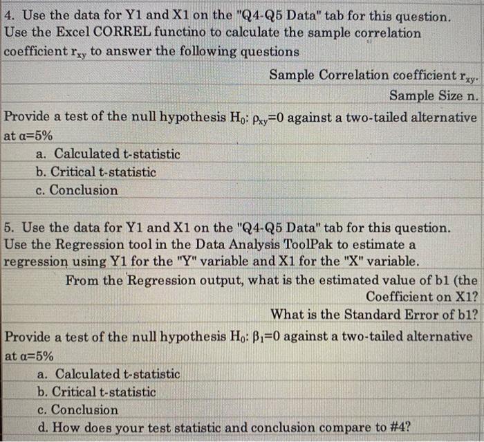 Solved 4. Use the data for Y1 and X1 on the "Q4-Q5 Data" tab | Chegg.com