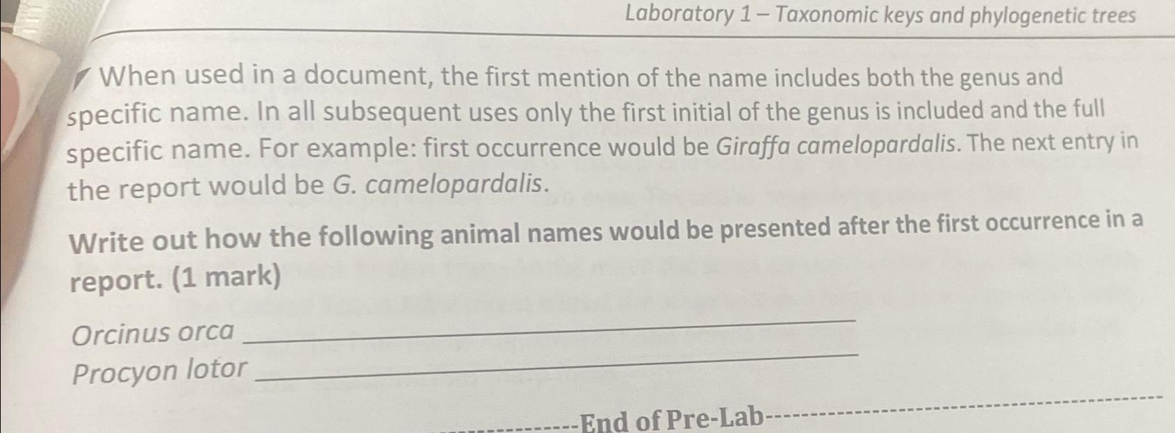 Solved Laboratory 1 - ﻿Taxonomic keys and phylogenetic | Chegg.com