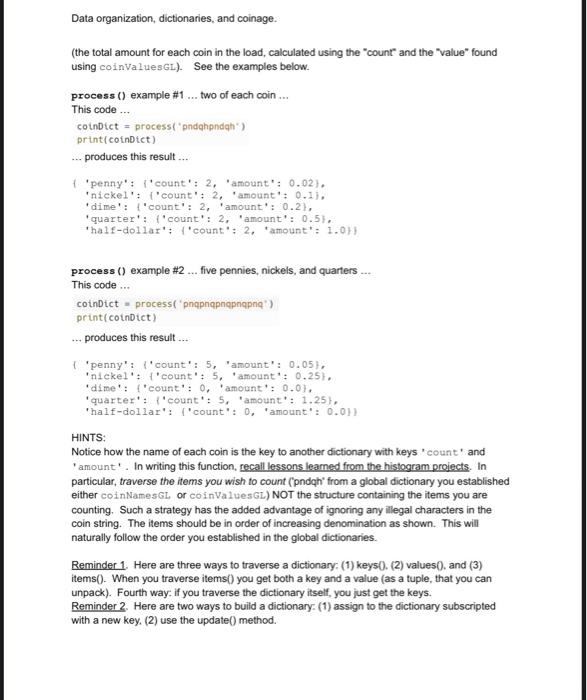 Solved Data organization, dictionaries, and coinage. | Chegg.com