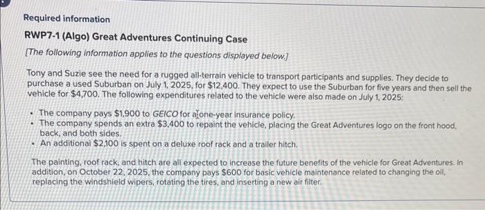 RWP /-1 (Algo) Great Adventures Continuing Case Part | Chegg.com