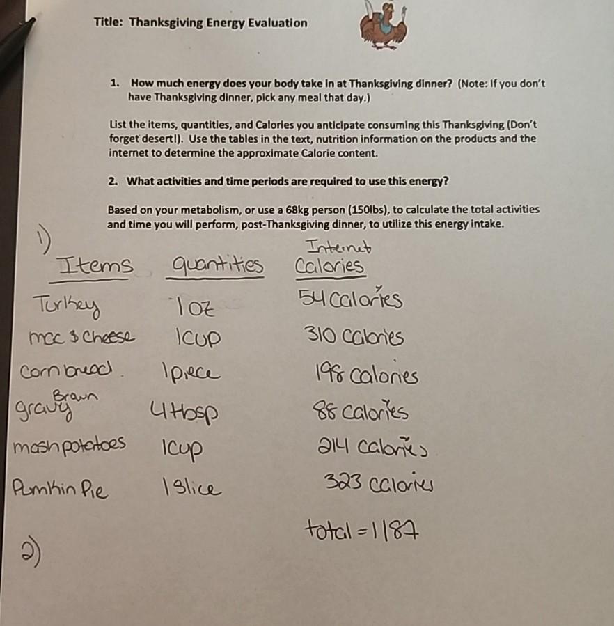 Solved Title: Thanksgiving Energy EvaluationHow much energy | Chegg.com